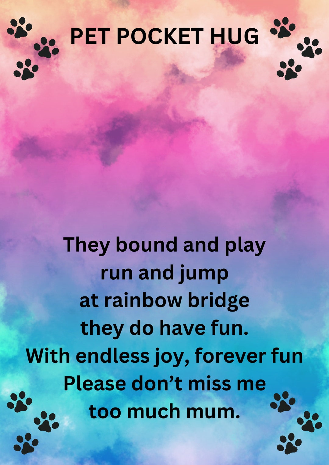 Pet Loss Pocket Hug Card. Pet Pocket Hug Card. Pet Memorial Pocket Hug ...