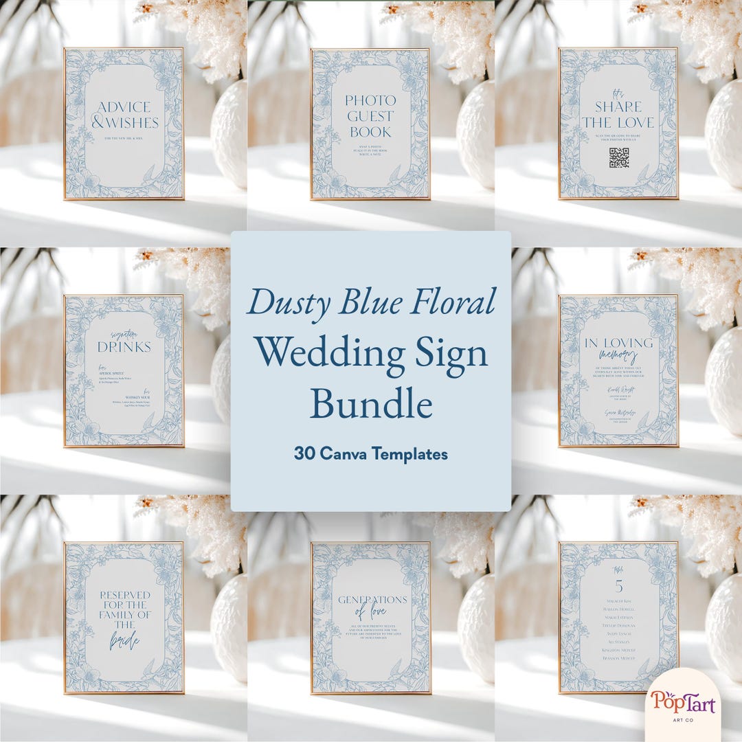 Dusty Blue Floral Wedding Sign Templates: Editable Canva Bundle ...
