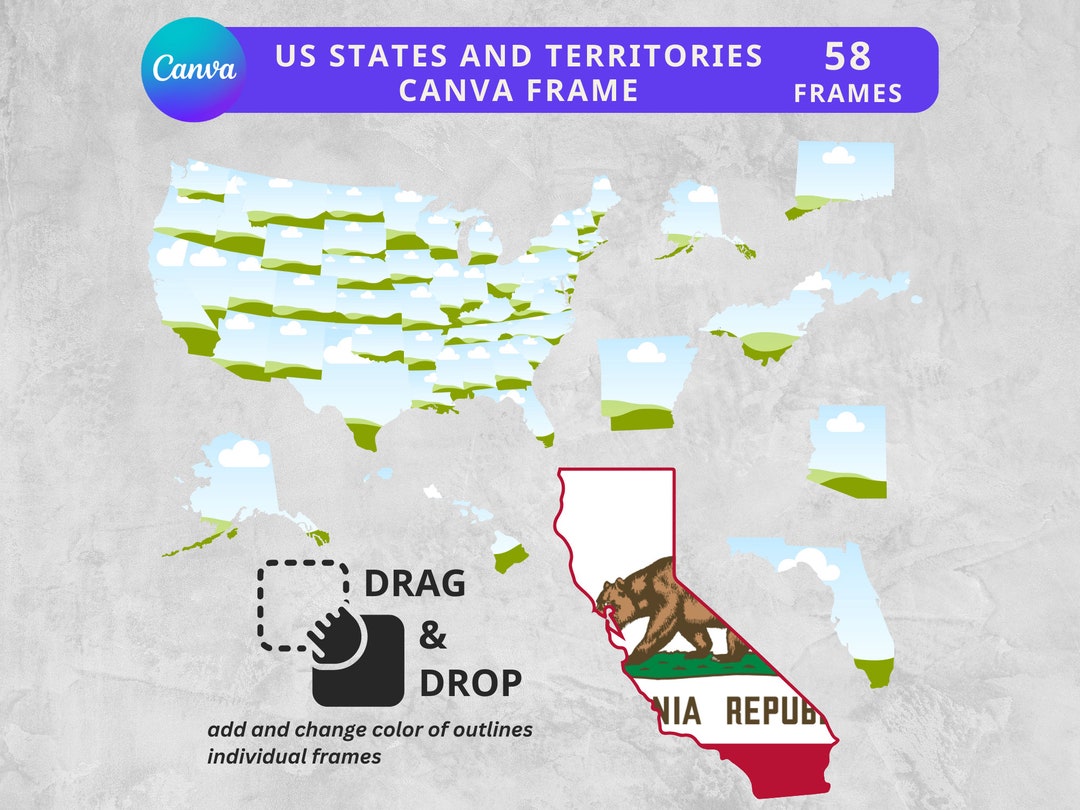 US States and Territory Canva Frame, Individual State Design, 50 States ...
