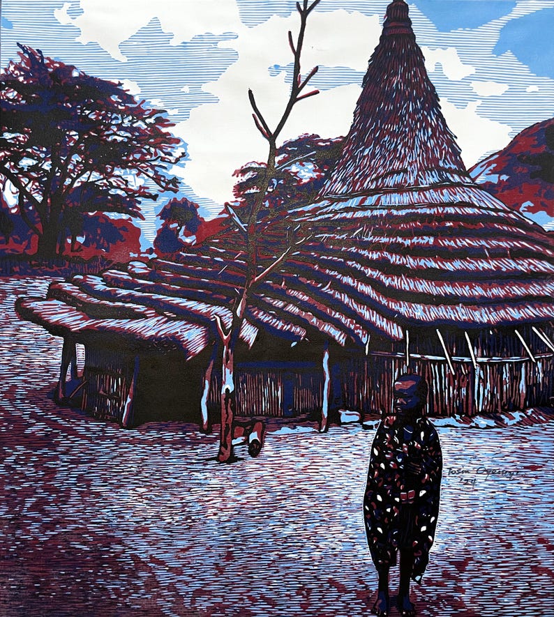 African Linocut Print on Canvas, "ÀsÁlĘ (evening)" 39x43 - Etsy