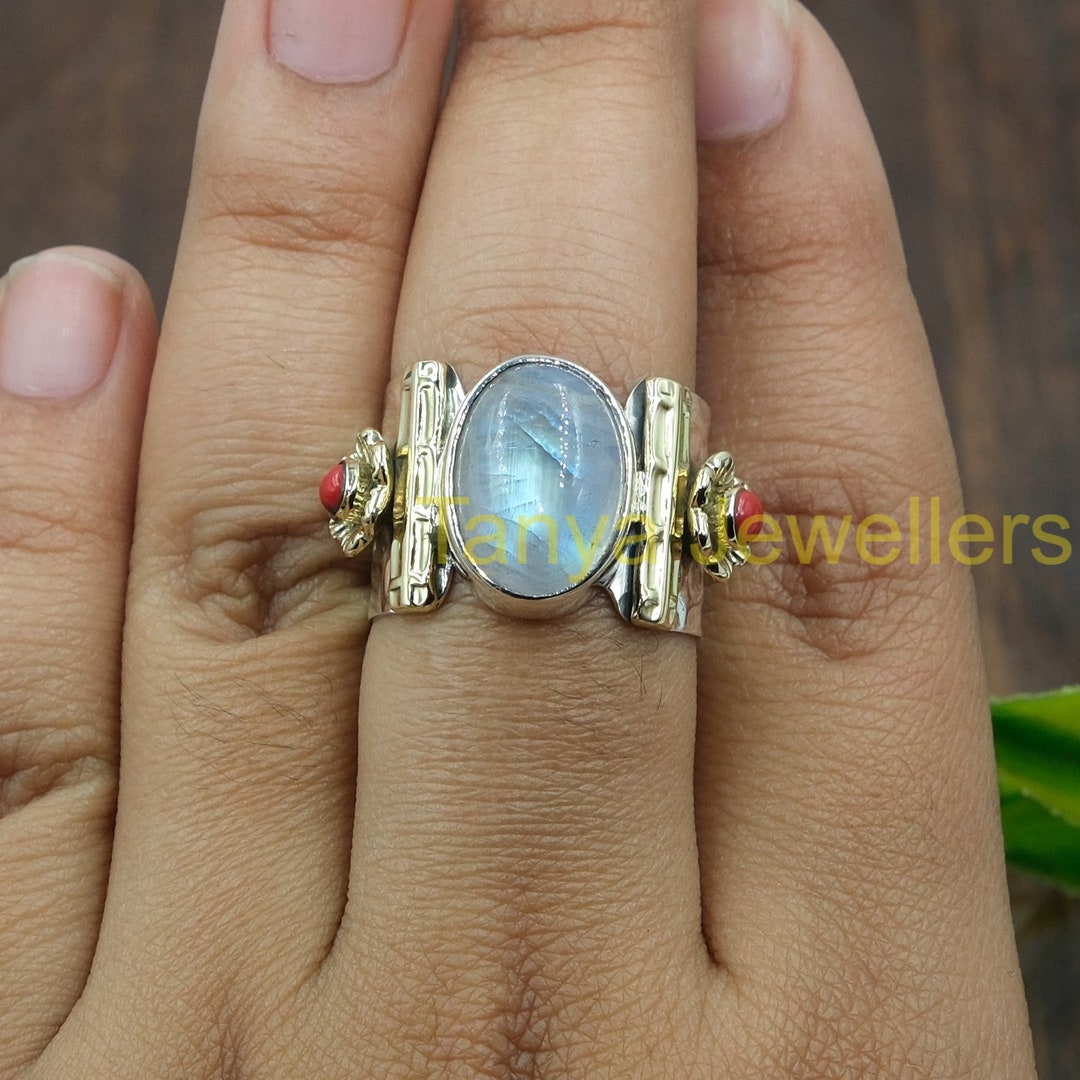 Blue Fire Rainbow Moonstone and Red Coral Pure 925 Sterling Silver With ...