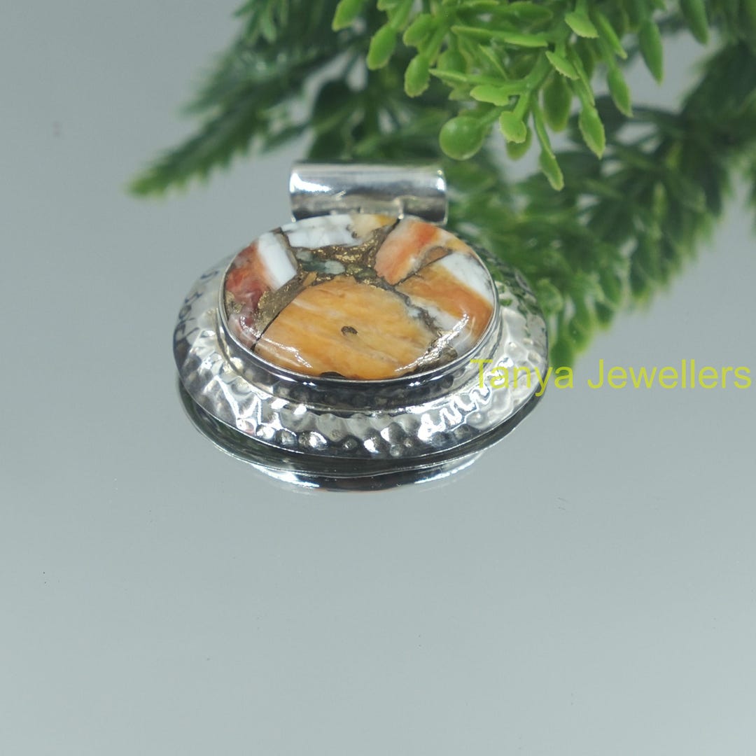 Large Oval Orange Spiny Oyster Copper Turquoise Stone Pendant, 925 ...