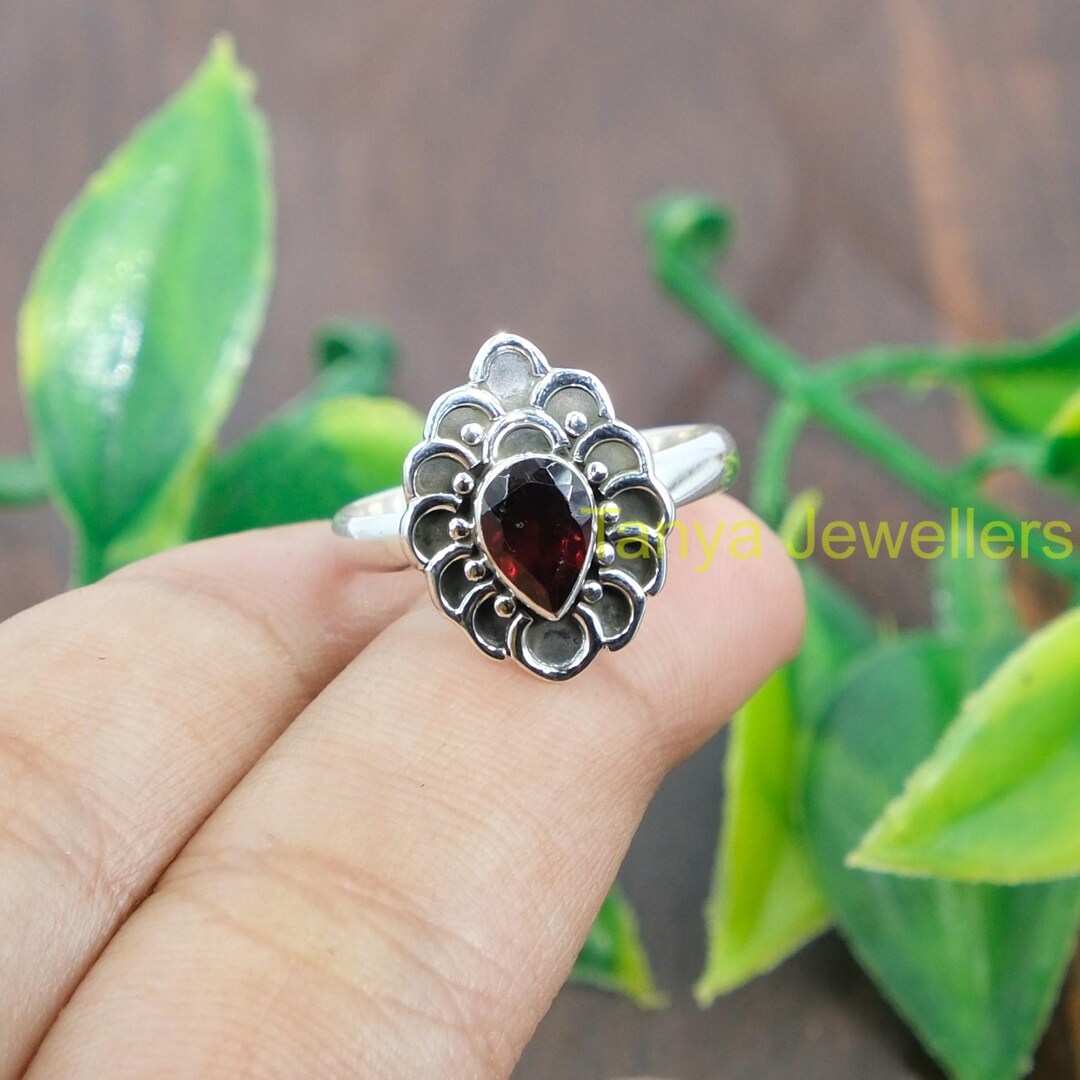 Natural Red Garnet Gemstone Ring Cut Stone Ring 925 Sterling Silver ...