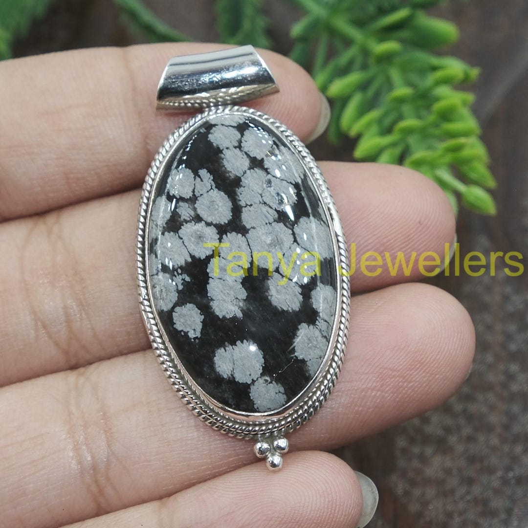 Snowflake Obsidian Pendant Large Stone Statement Pendant Necklace 925 ...