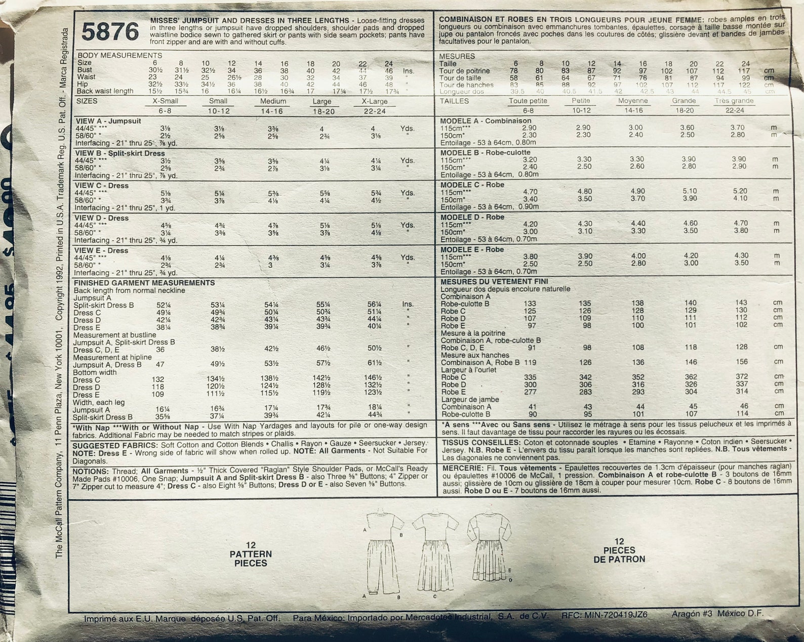 Vintage 1990's Butterick 5876 Loose Fitting Jumpsuit, Dresses, Gathered ...