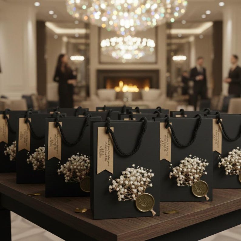 Black Party Favor Bags - Dried Flower & Wax Seal, Bulk Wedding Gift ...