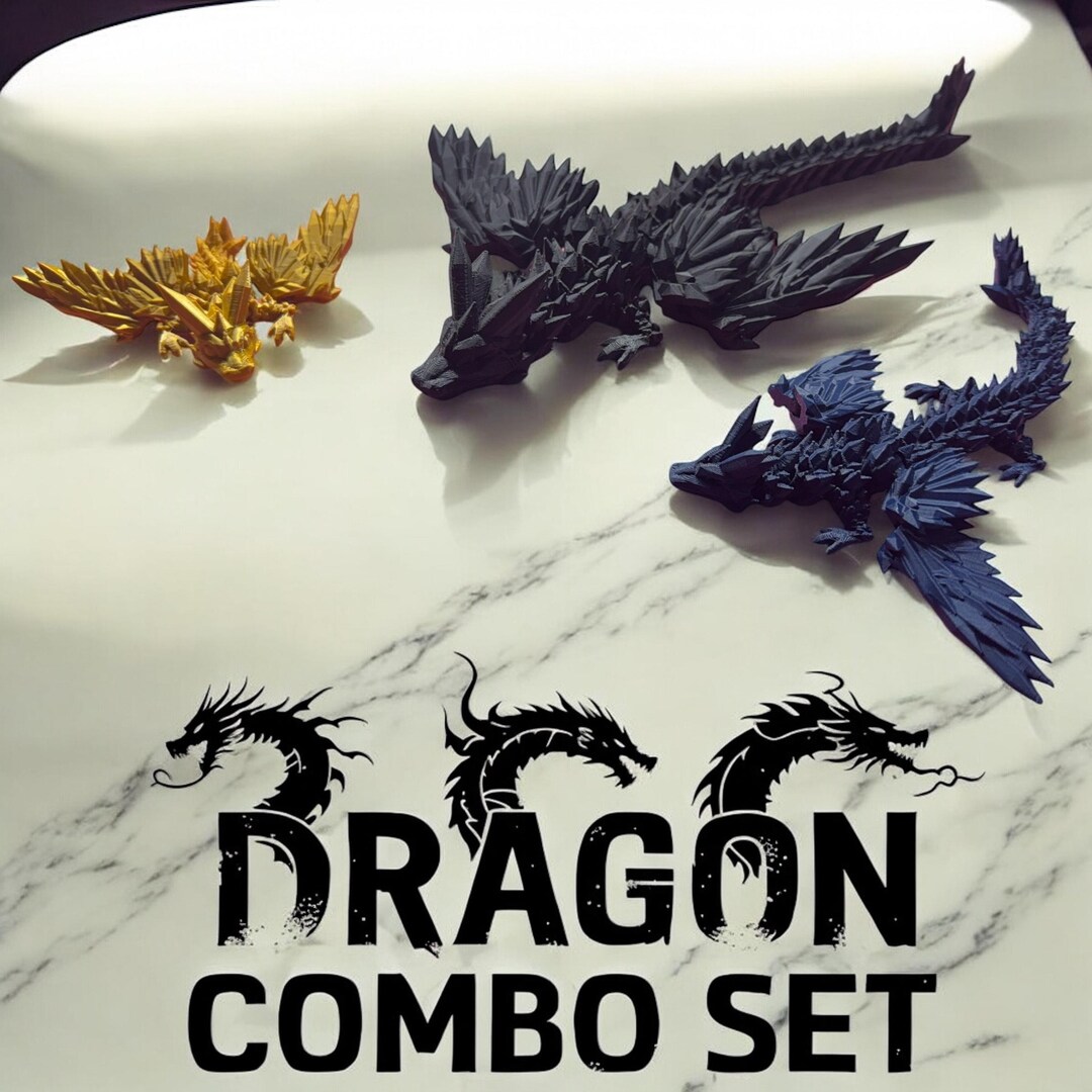 Black, Gold & Blue 3D Print Articulating Dragons - Handcrafted Dragon ...