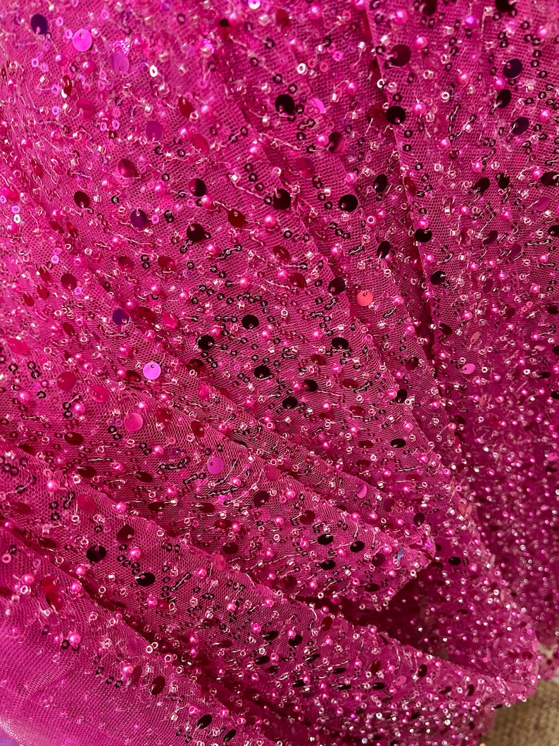 Hot Pink Fuchsia Heavy Beaded and Pores Shinny Sequins on Mesh - Etsy