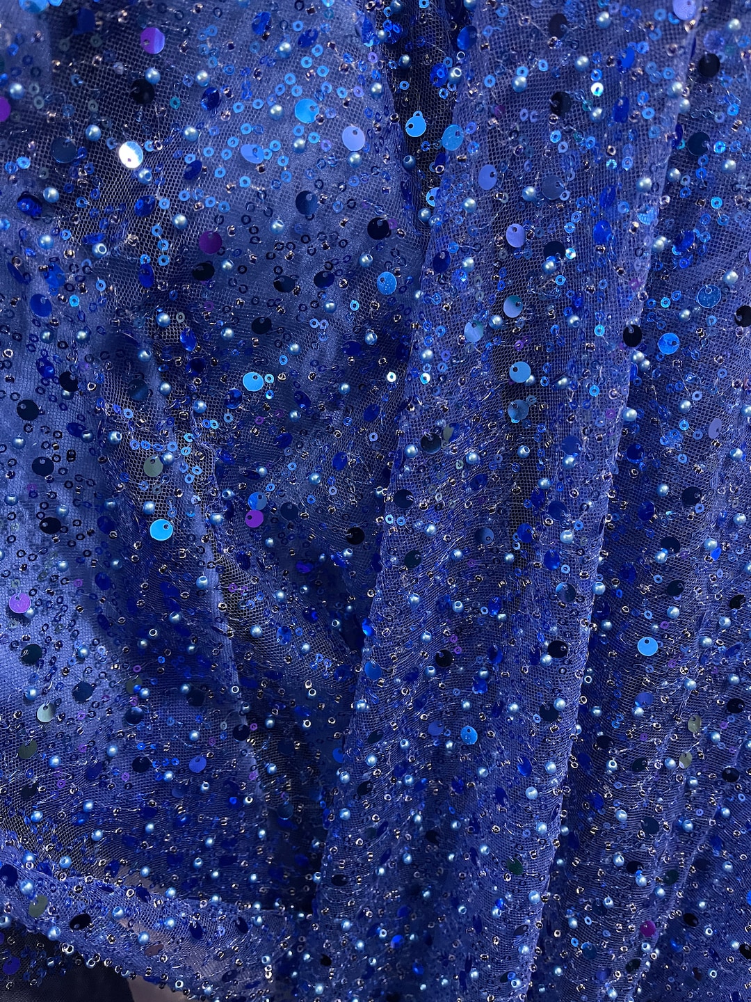 Royal Blue Heavy Beaded and Pores Shinny Sequins on Mesh Made in Spain ...