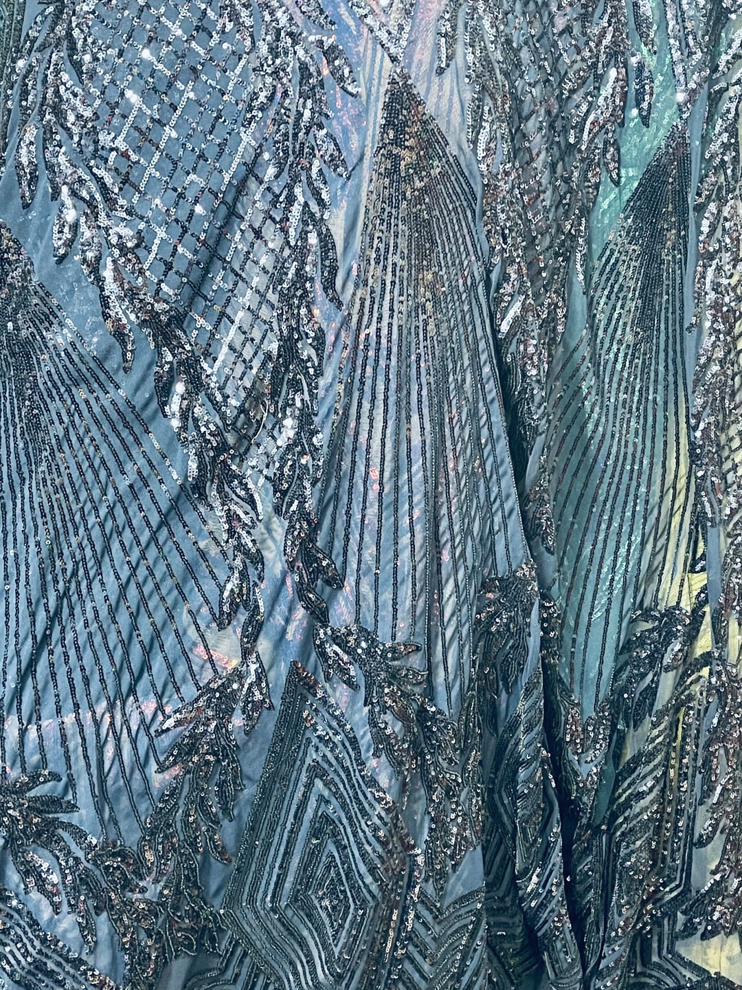 Navy Mesh With Navy Sequins Lace Fabrics 4way Stretch Lace for Prom and ...