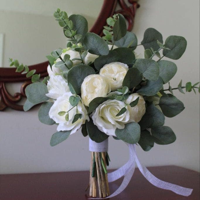 White -ivory & Greenery Bouquet, Wedding Bouquet, Bridal Bridesmaids ...