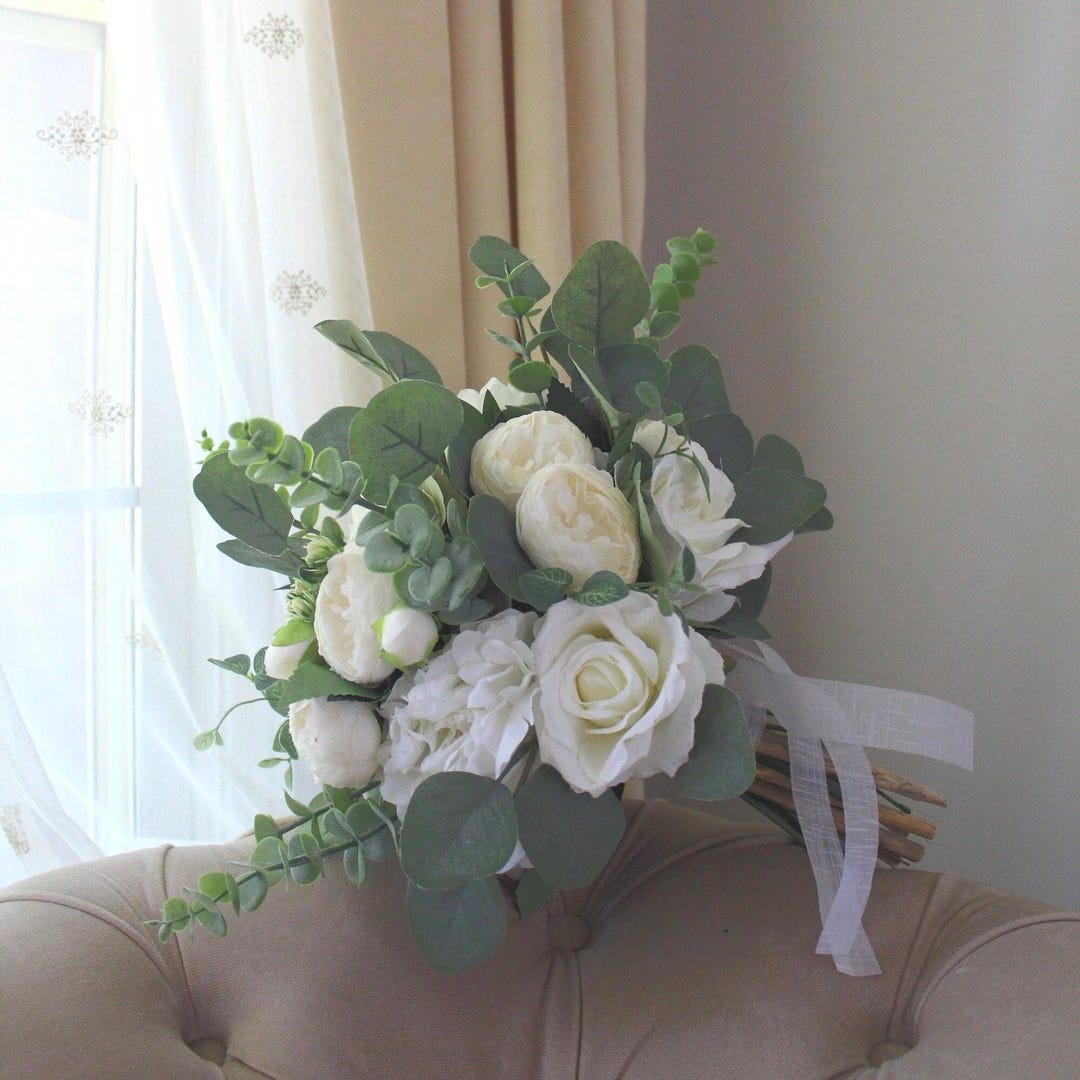 White -ivory & Greenery Bouquet, Wedding Bouquet, Bridal Bridesmaids ...