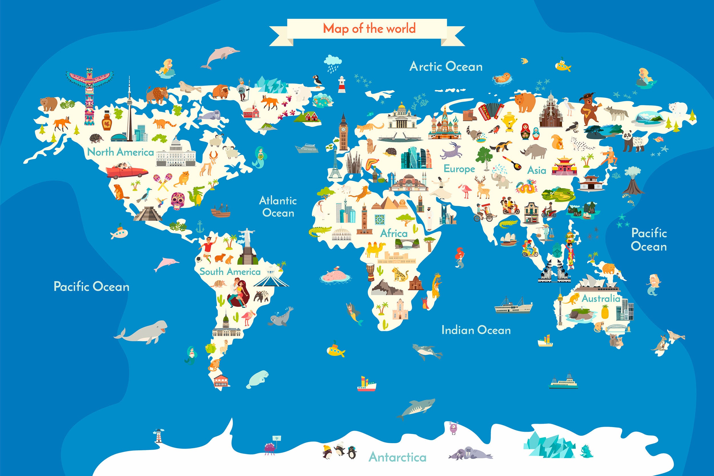 Childrens World Map Animals Landmarks Wall Mural Wall Print - Etsy UK