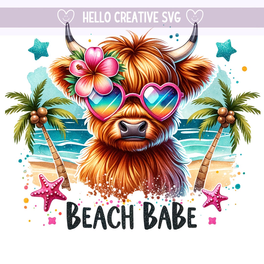 Beach Babe Png, Summer Highland Cow Clipart, Beachy Mood PNG, Beach ...