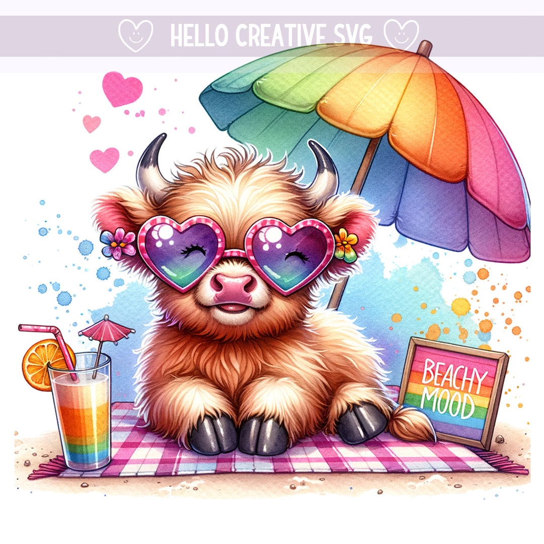 Summer Highland Cow Clipart, Beachy Mood PNG, Beach Heifer Cow ...