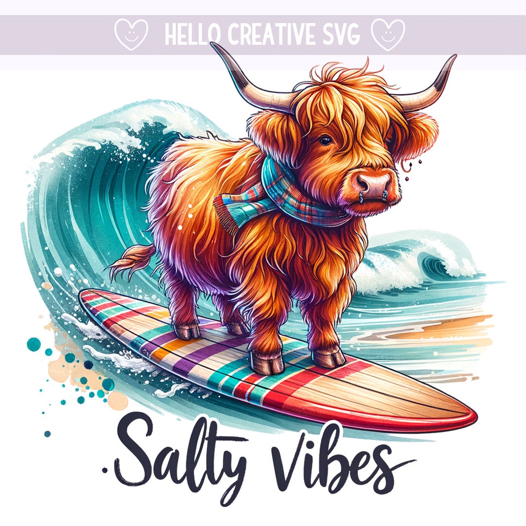 Salty Vibes PNG, Surfing Highland Cow, Funny Summer Highland Cow ...