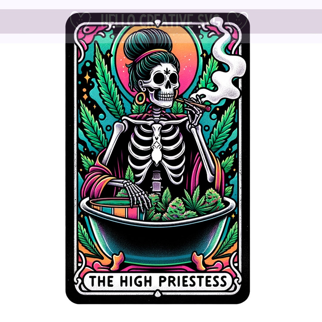 The High Priestess Tarot Card PNG, Witchy Skeleton Weed Pot Smoker ...