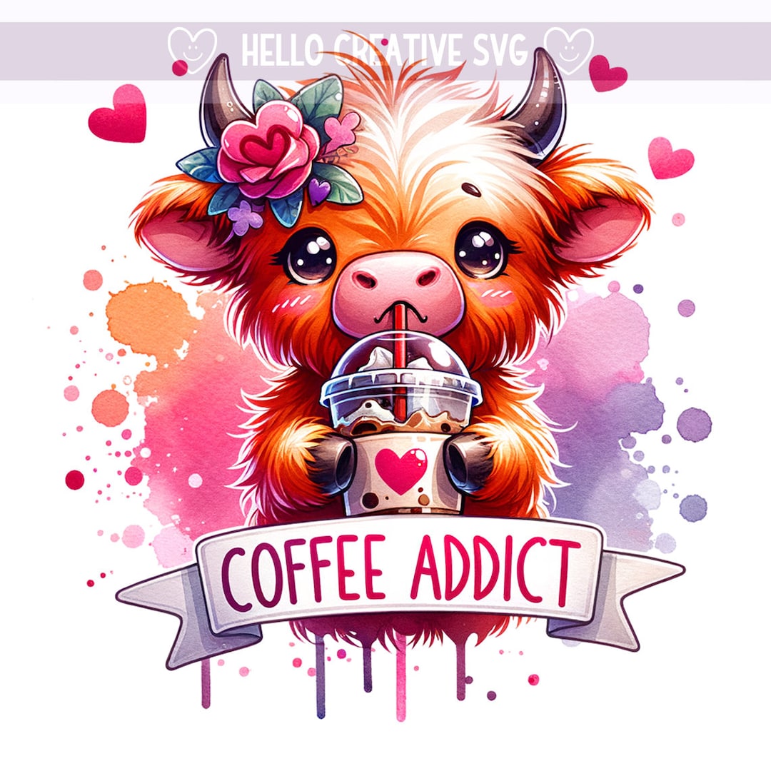 Coffee Addict Highland Cow Png, Heifer Cow, Coffee PNG, Iced Coffee PNG ...