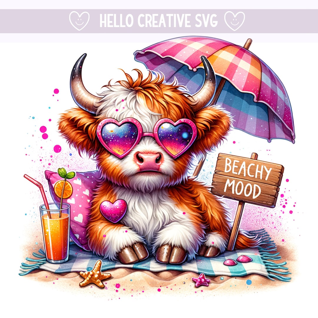 Summer Highland Cow Clipart, Beachy Mood PNG, Beach Heifer Cow ...
