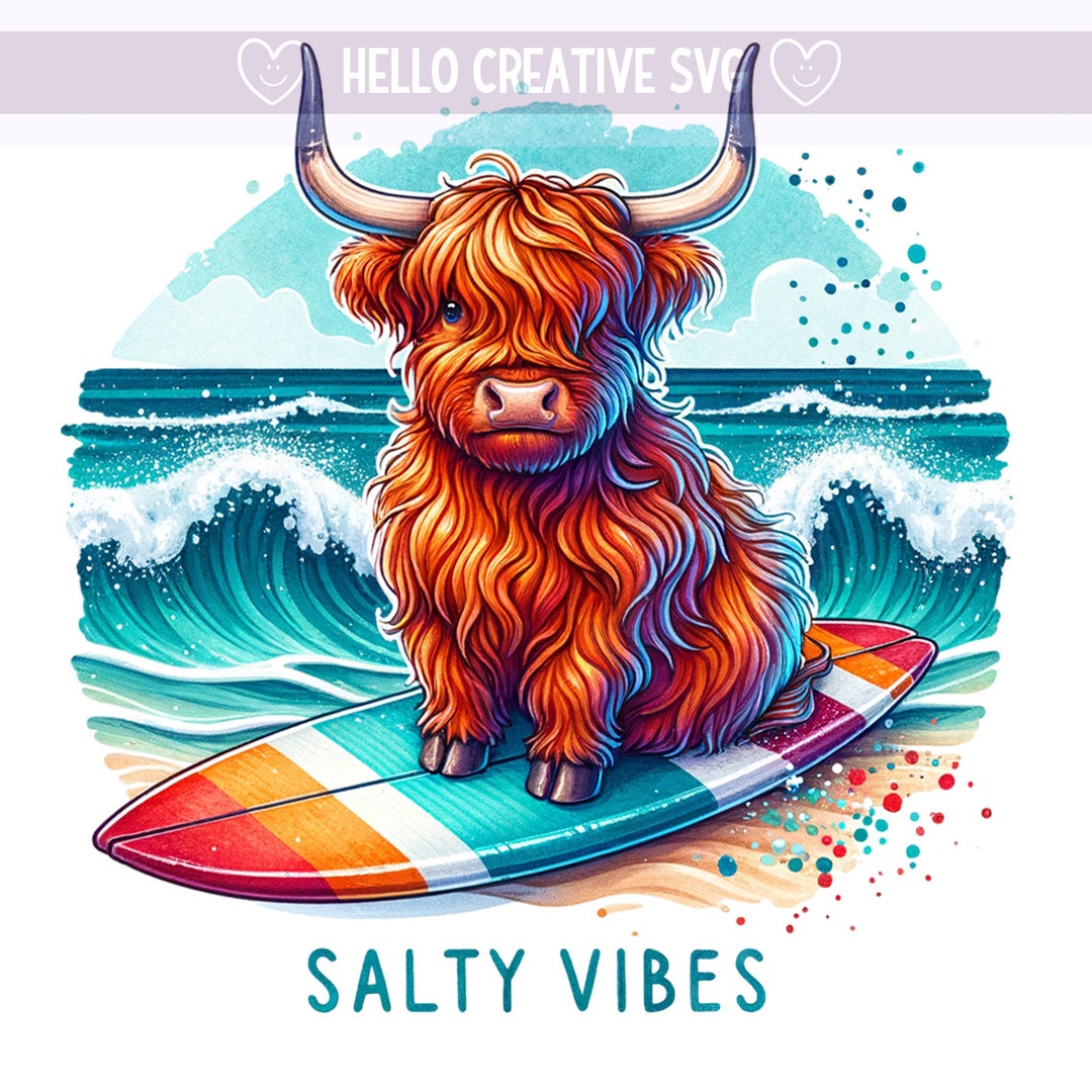 Salty Vibes PNG, Surfing Highland Cow, Funny Summer Highland Cow ...