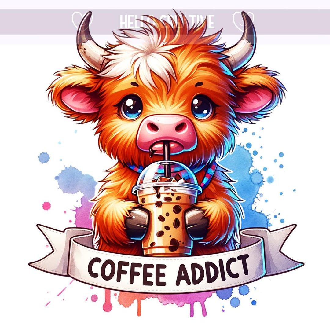 Highland Cow Drinking Iced Coffee, Heifer Cow, Highland Cow Clipart ...