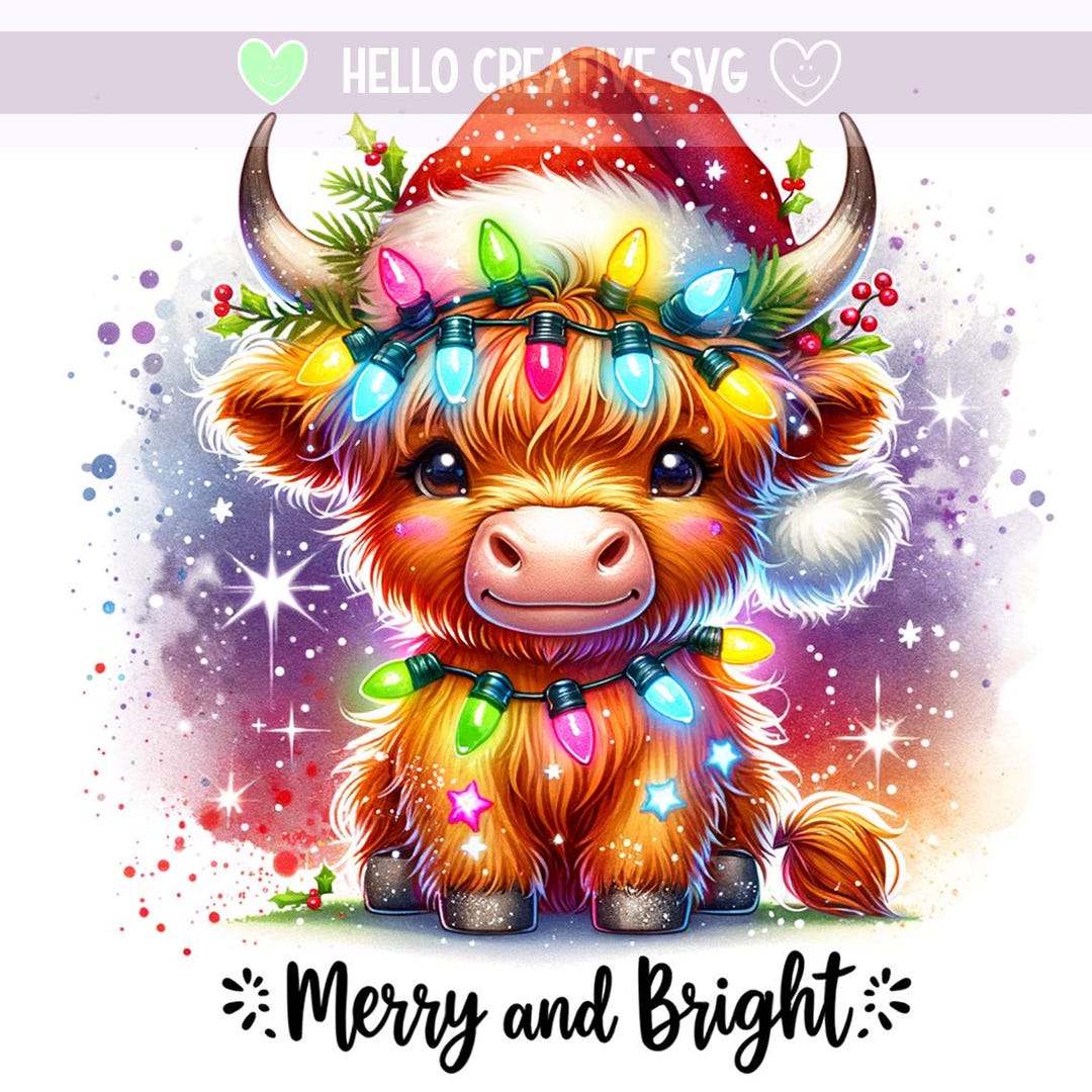 Merry and Bright Png, Christmas PNG, Christmas Highland Cow, Highland ...