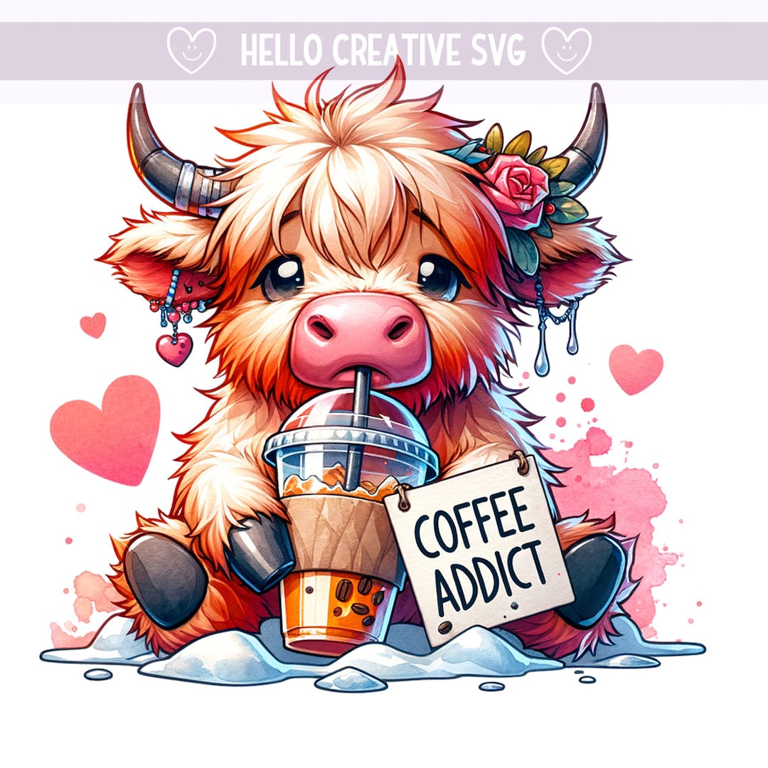 Coffee Addict Highland Cow Png, Heifer Cow, Coffee PNG, Iced Coffee PNG ...