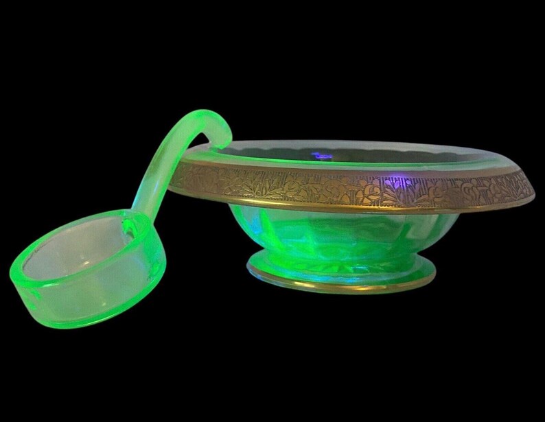 Vintage Green Uranium Vaseline Glass Gold Etched Rim Mayonnaise Bowl ...