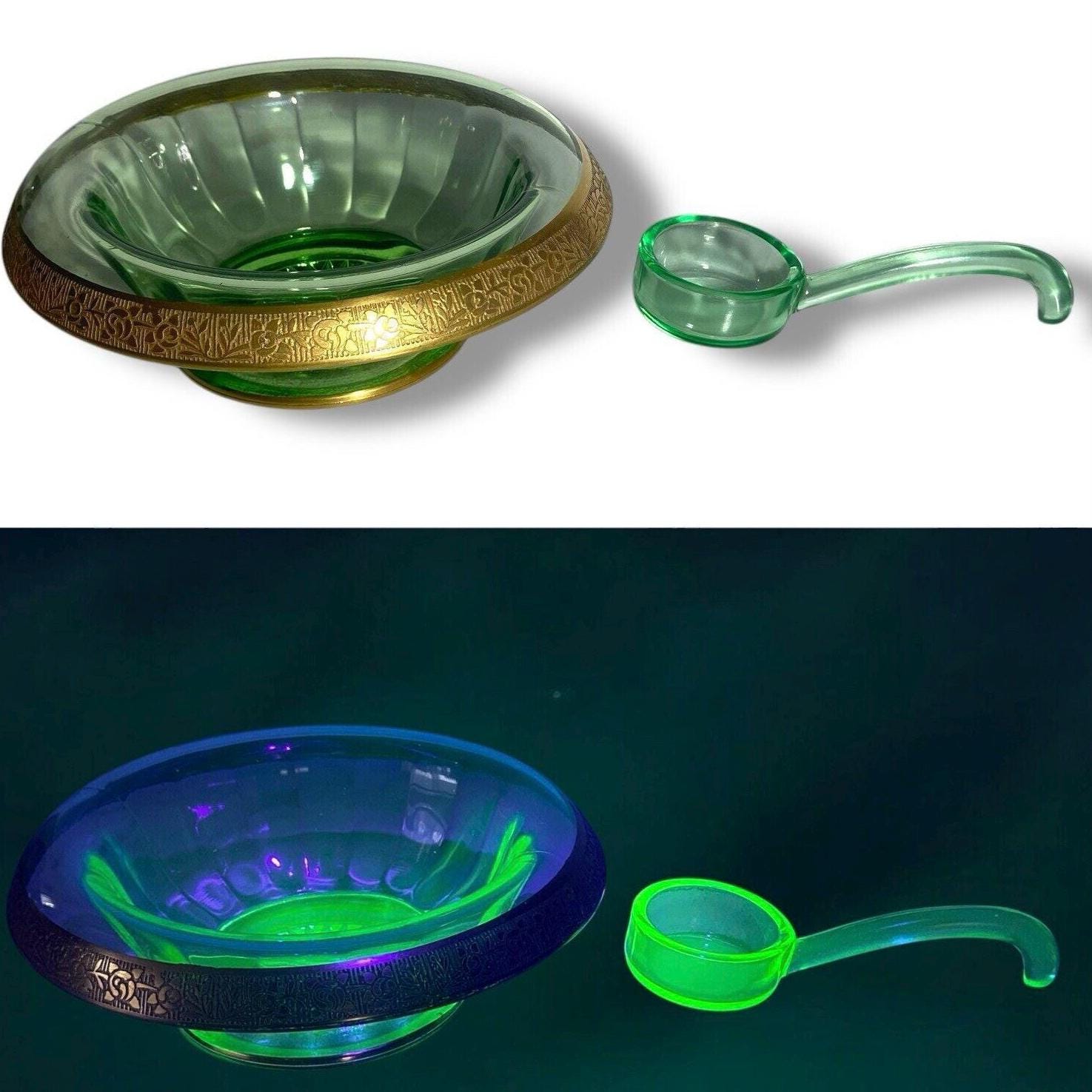 Vintage Green Uranium Vaseline Glass Gold Etched Rim Mayonnaise Bowl ...