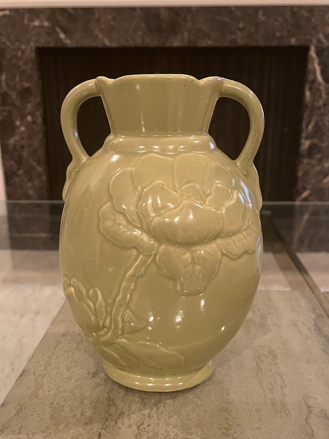 Red Wing Pottery Vase Magnolia Pattern Double Handled Light Green ...