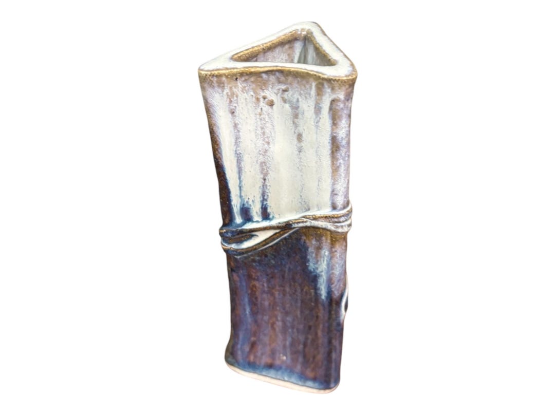 Pottery Bud Vase Triangle Shape Pottery Art Vase Textured Glaze Blue ...