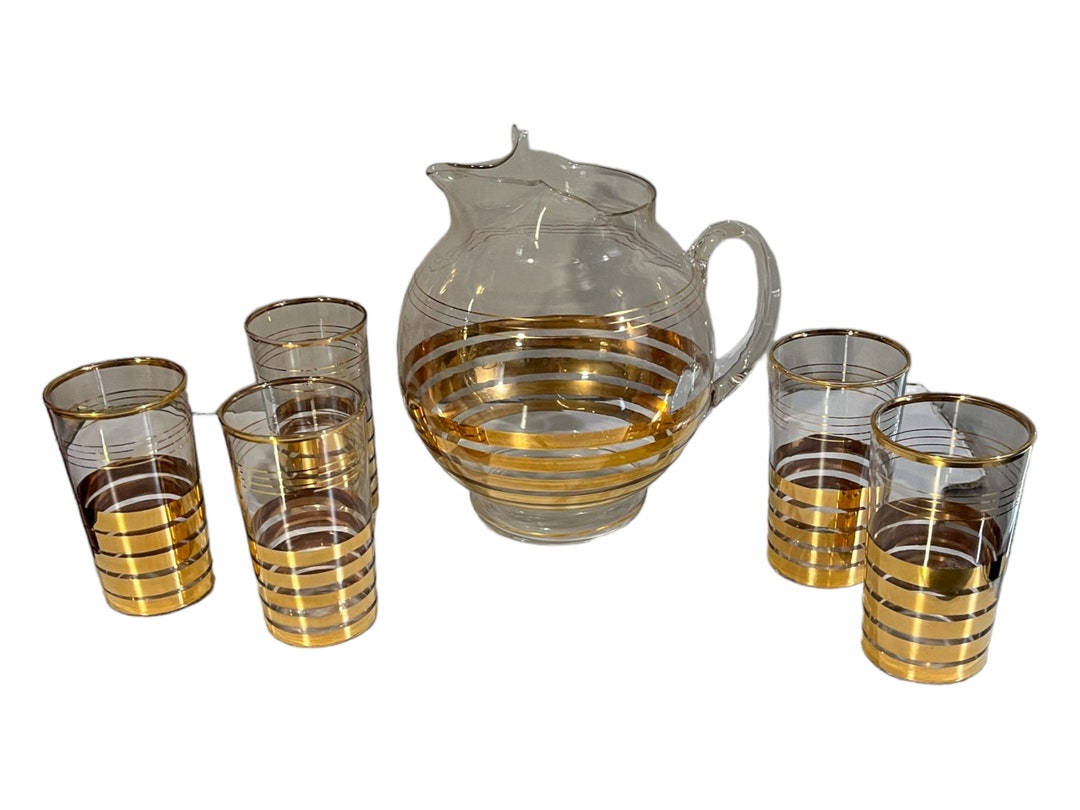 Pitcher & 5 Glasses Set Vintage Macbeth Evans Gold Striped Ball Pitcher ...