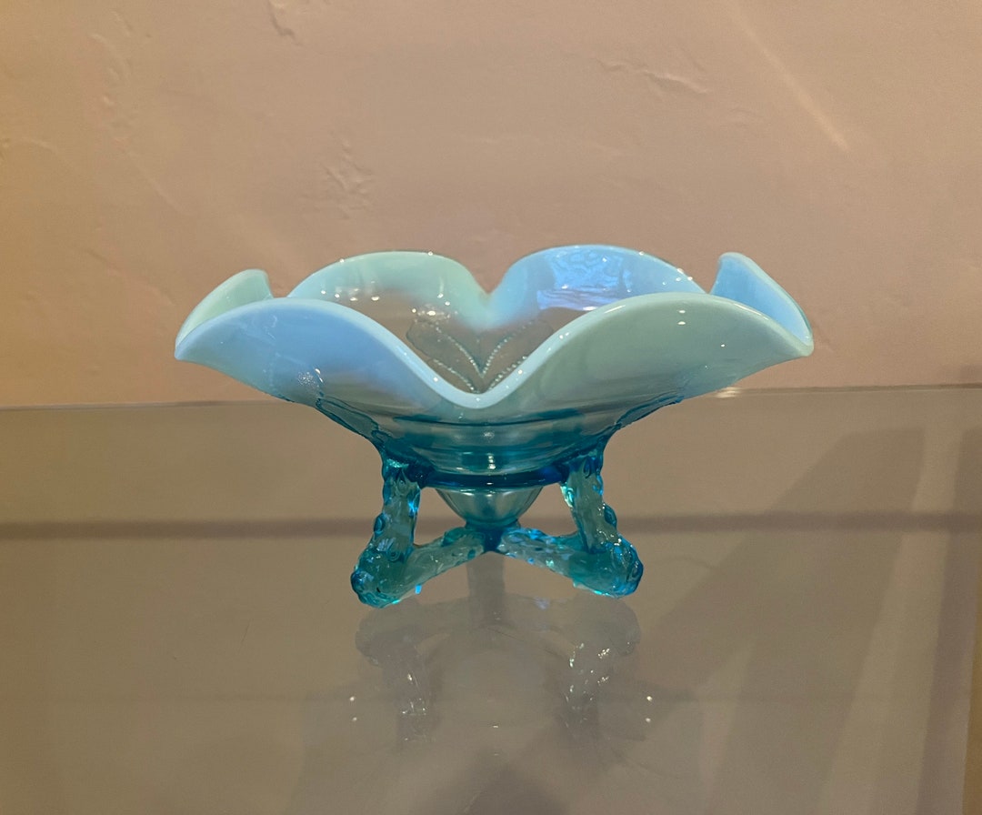 Dugan Glass CO Winter Cabbage Design Blue Opalescent 3 Footed Bowl - Etsy