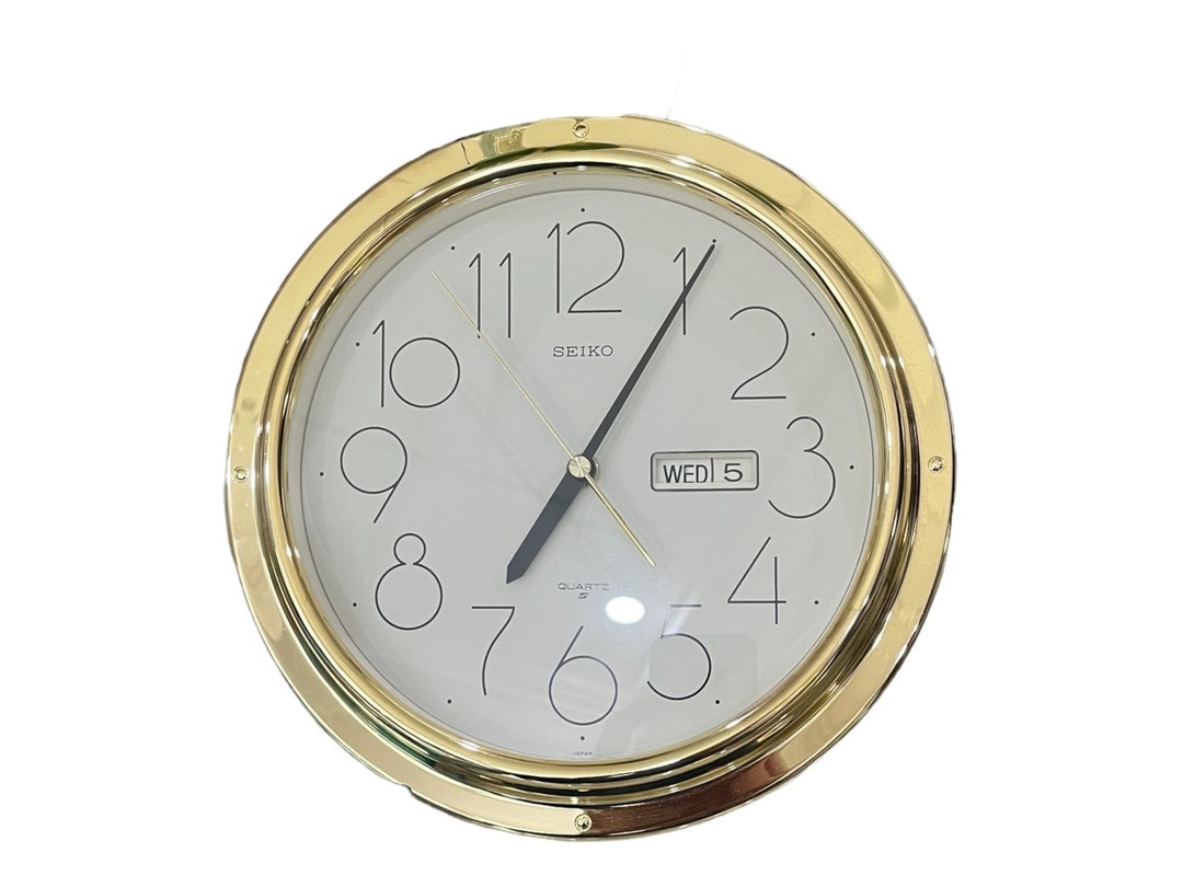 Seiko Wall Clock Day and Date Gold Trim Vintage Seiko Round Wall Clock ...