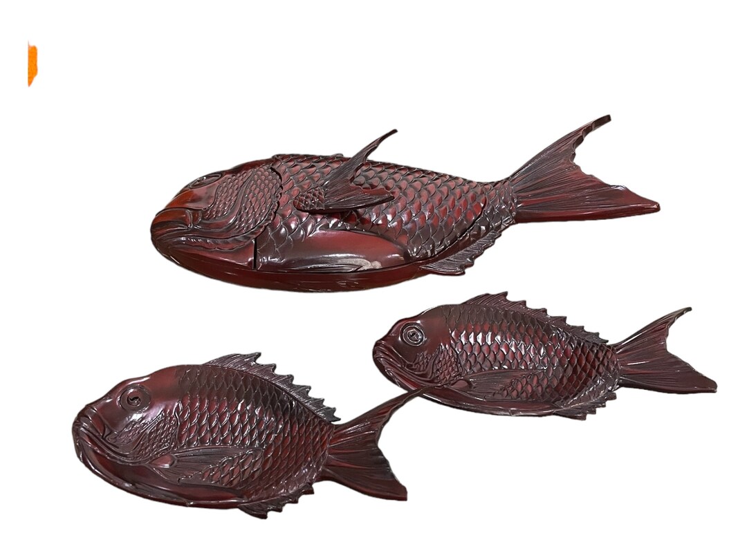 Japanese Red Lacquer Fish Dish Catchall Set Bori Lacquered Wood Fish ...