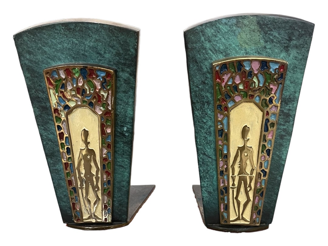 Bookends Mosaic Brass Bookends Made in Israel MCM Style Figure With ...