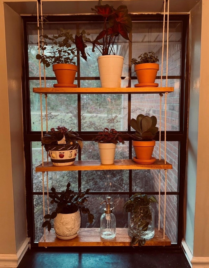 Wooden Hanging Shelf With Rope – Boho Wall Decor, Plant Shelf ...