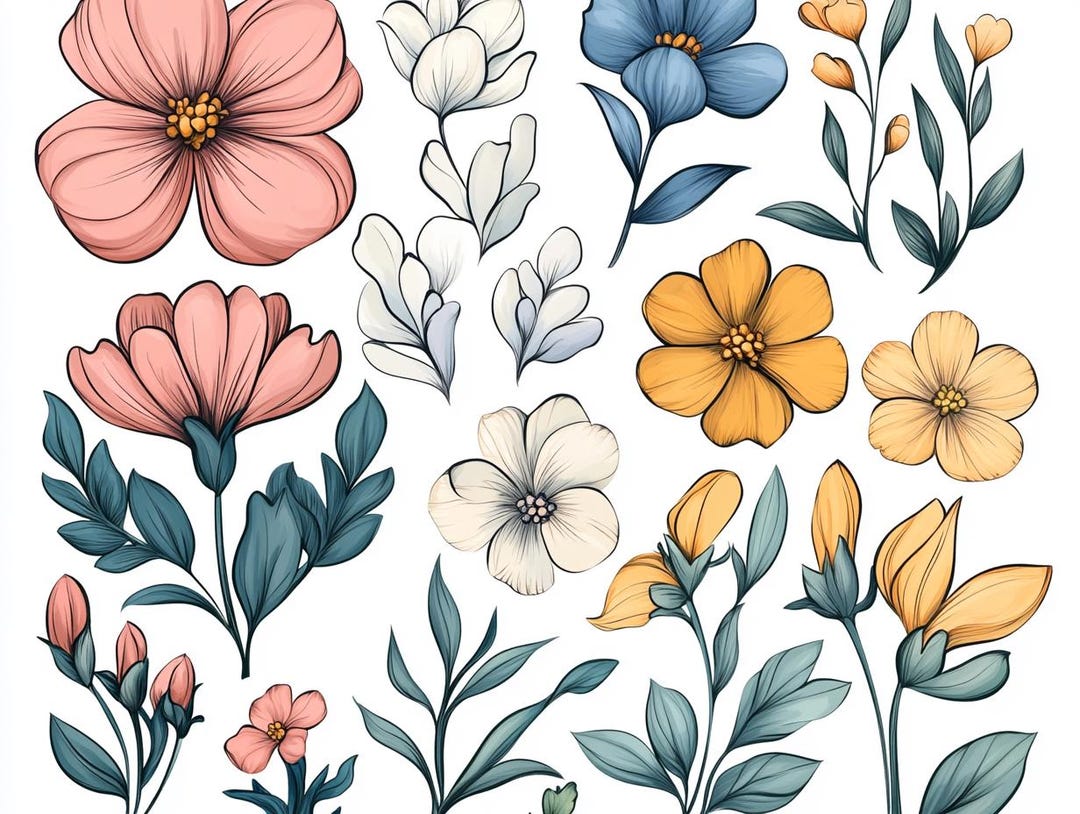 Spring Pastel Flower Vector Clipart With Dark Outlines - Soft Floral ...