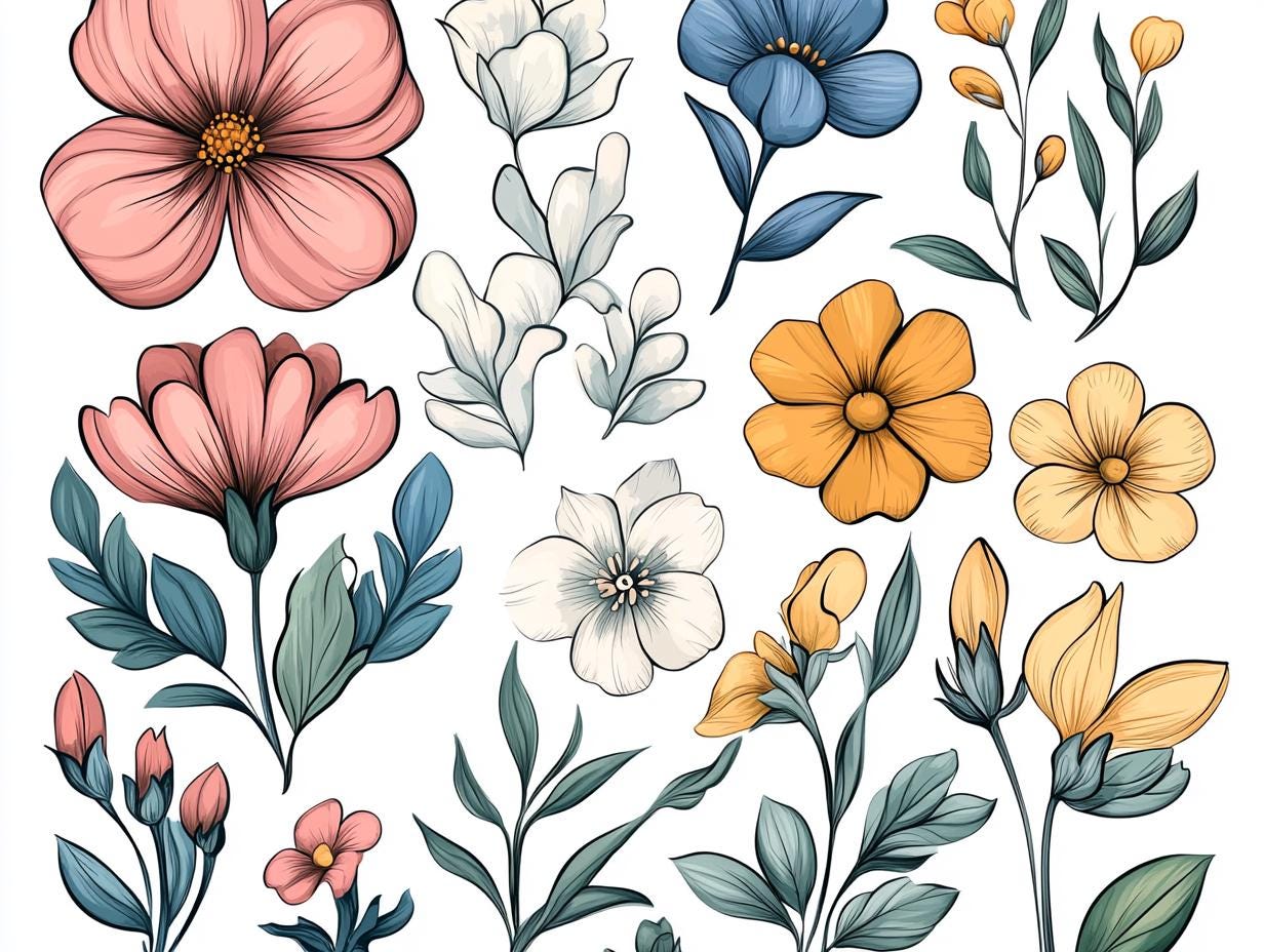 Spring Pastel Flower Vector Clipart With Dark Outlines - Soft Floral ...