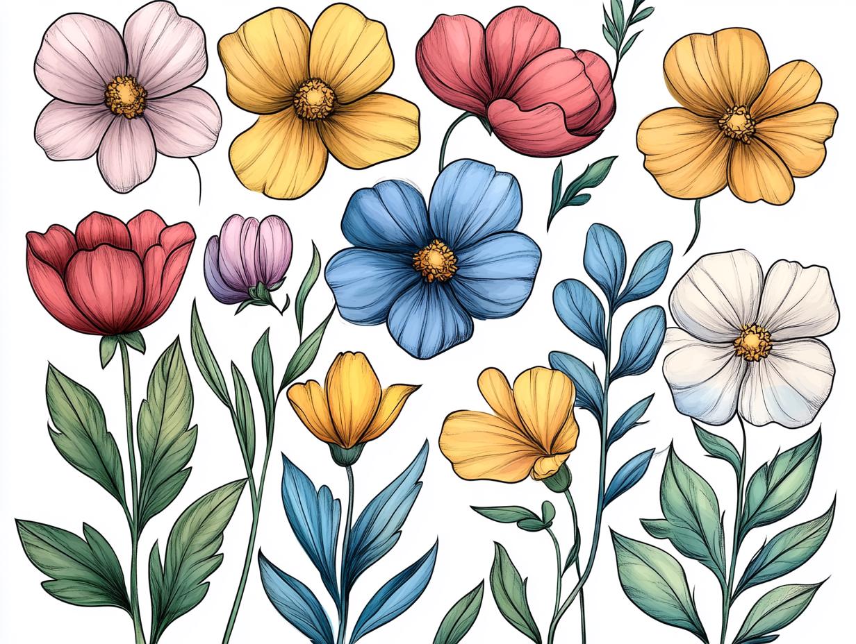 Spring Pastel Flower Vector Clipart With Dark Outlines - Soft Floral ...