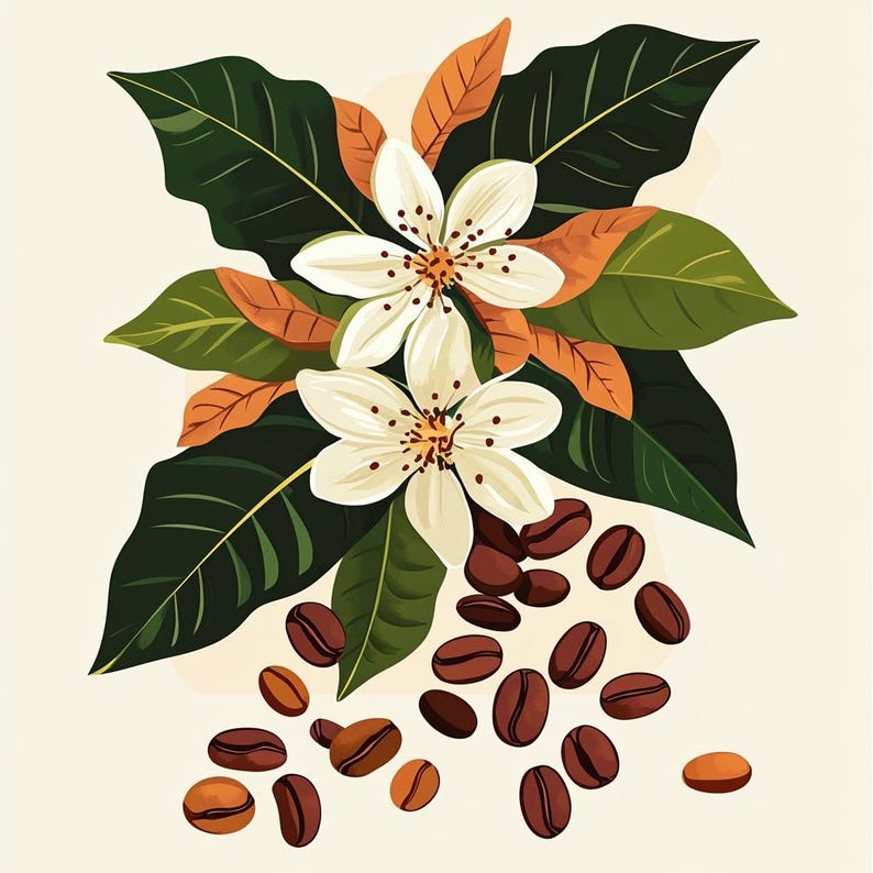 Coffee Flowers & Beans Botanical Art | Digital Download With Leaves ...