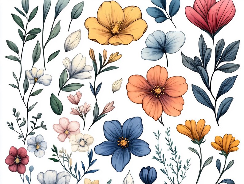 Spring Pastel Flower Vector Clipart With Dark Outlines - Soft Floral ...