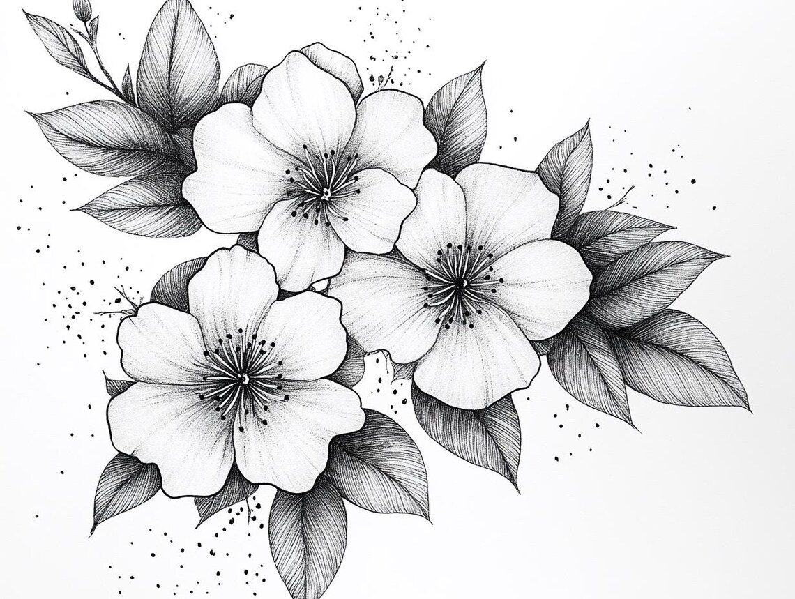 Black & White Japanese Cherry Blossoms Drawing - Dotwork Tattoo ...