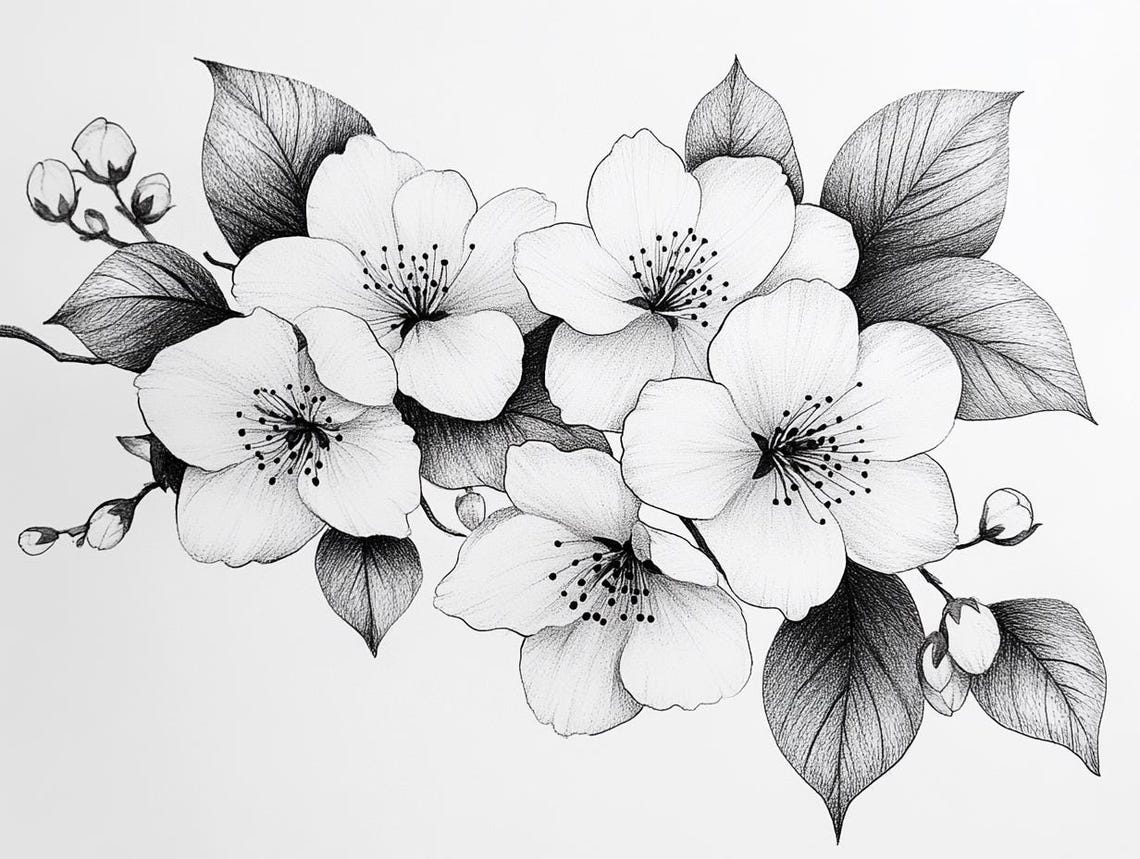Black & White Japanese Cherry Blossoms Drawing - Dotwork Tattoo ...