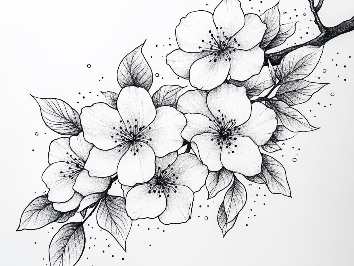 Black & White Japanese Cherry Blossoms Drawing - Dotwork Tattoo ...