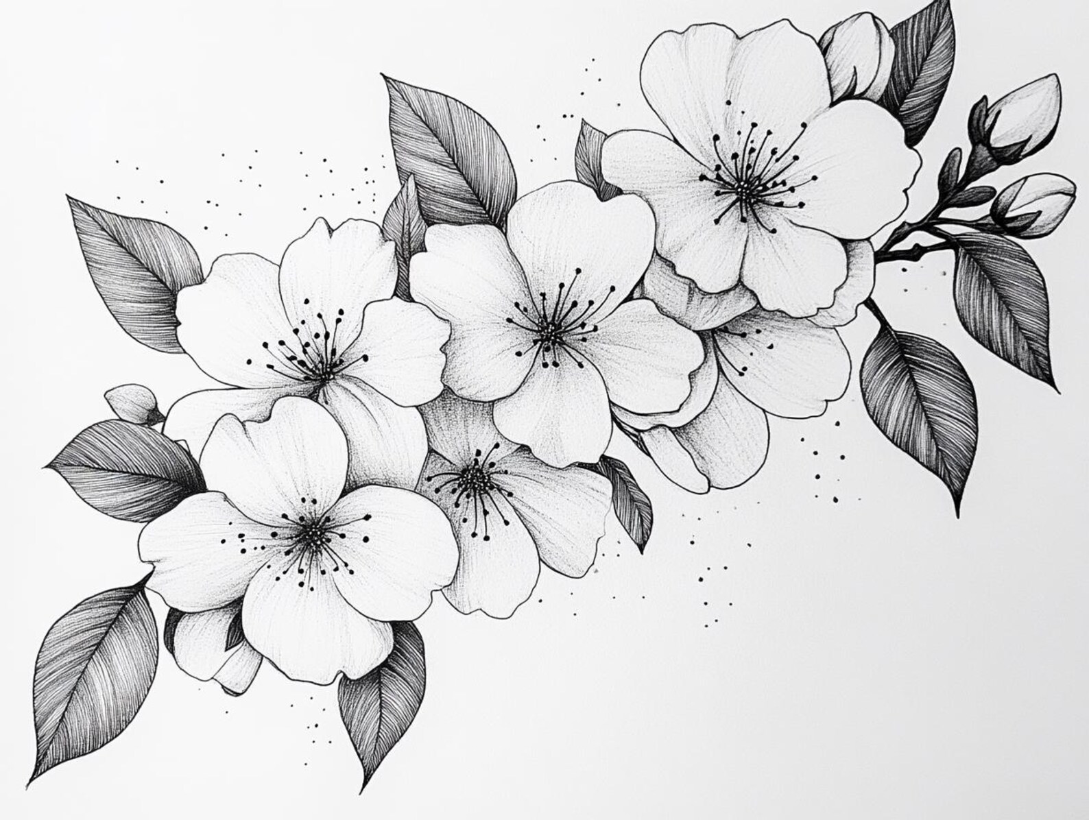 Black & White Japanese Cherry Blossoms Drawing - Dotwork Tattoo ...