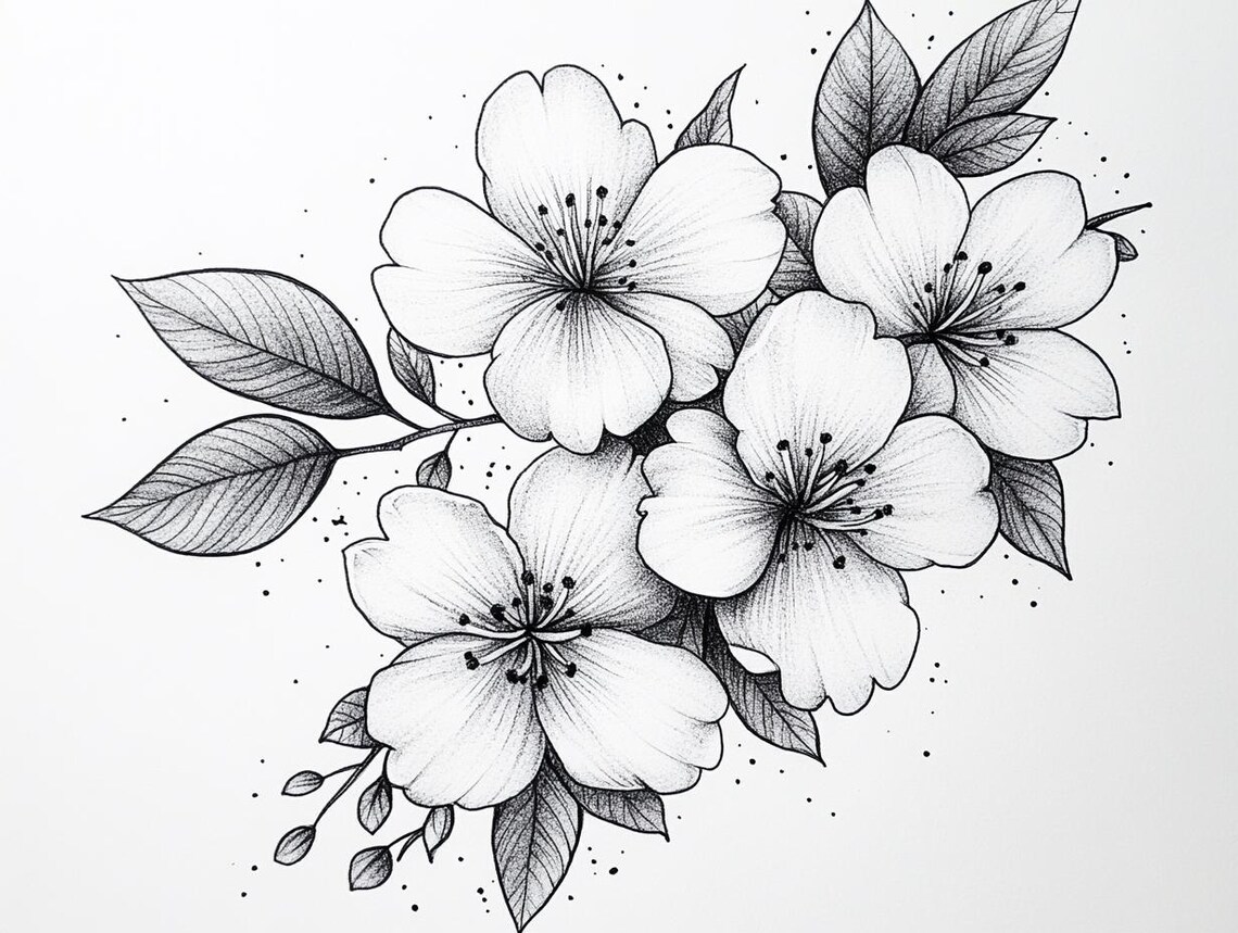 Black & White Japanese Cherry Blossoms Drawing - Dotwork Tattoo ...