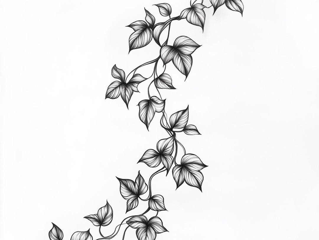 Black & White Ivy Vine Tattoo-style Drawing With Bold, Clear Lines ...