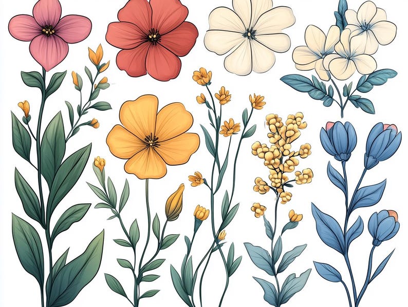 Spring Pastel Flower Vector Clipart With Dark Outlines - Soft Floral ...