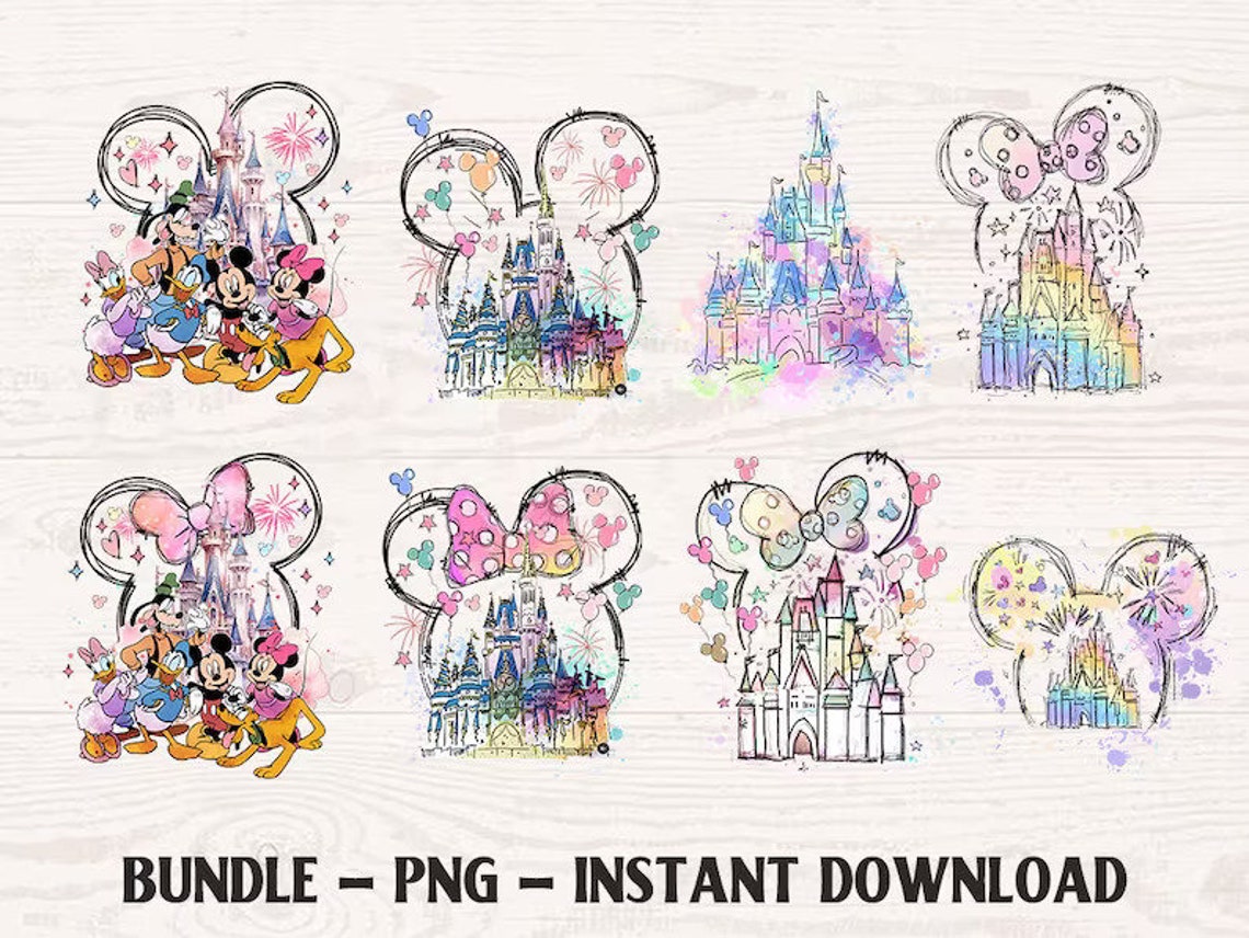 Bundle Watercolor Castle Png, Mouse Ear Castle Png, Retro Colorful ...